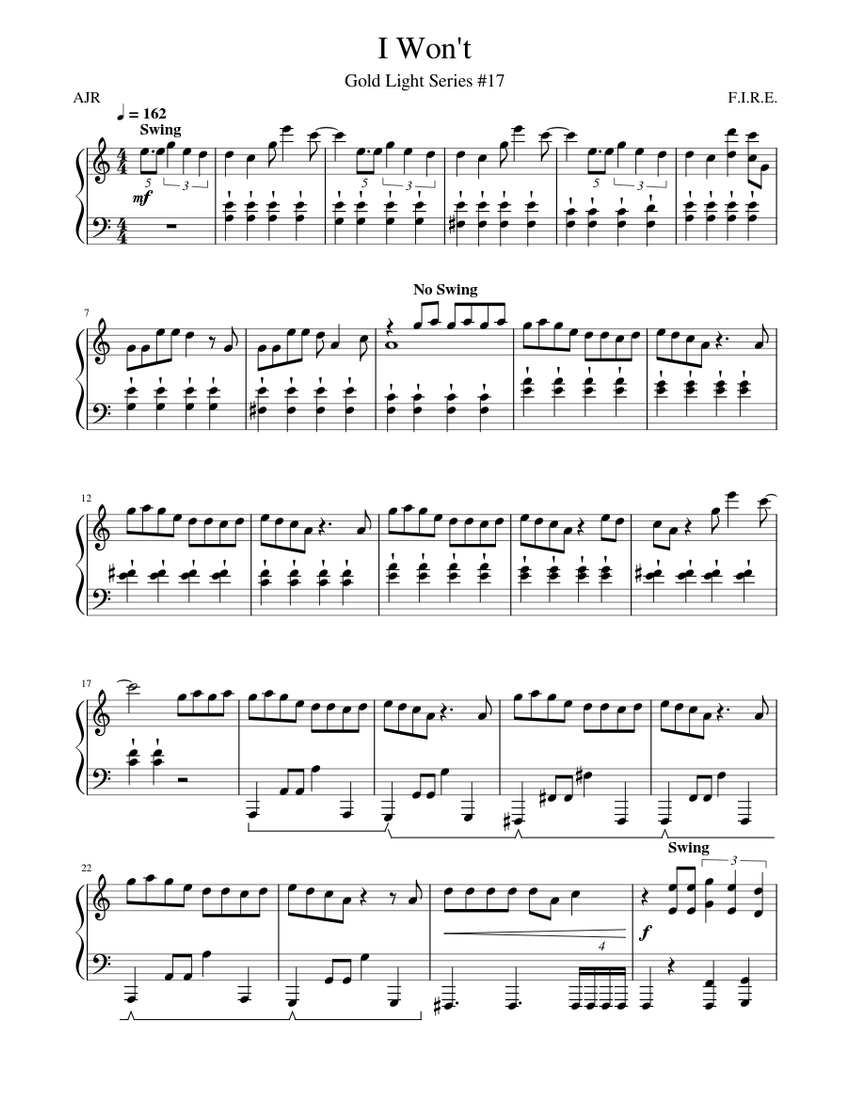 Gold Light #17: AJR - I Won't Sheet music for Piano (Solo) | Musescore.com