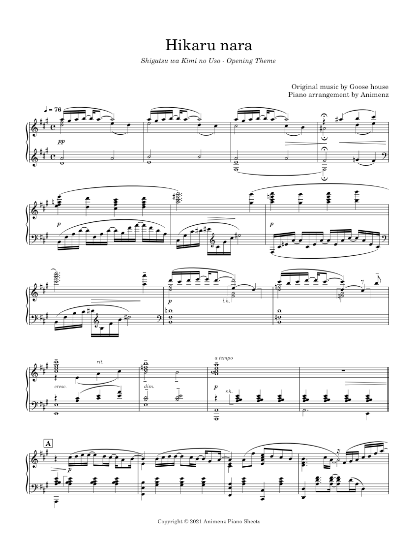 Hikaru Nara - Your Lie in April OP1 – Music by Goose house Arrangement ...