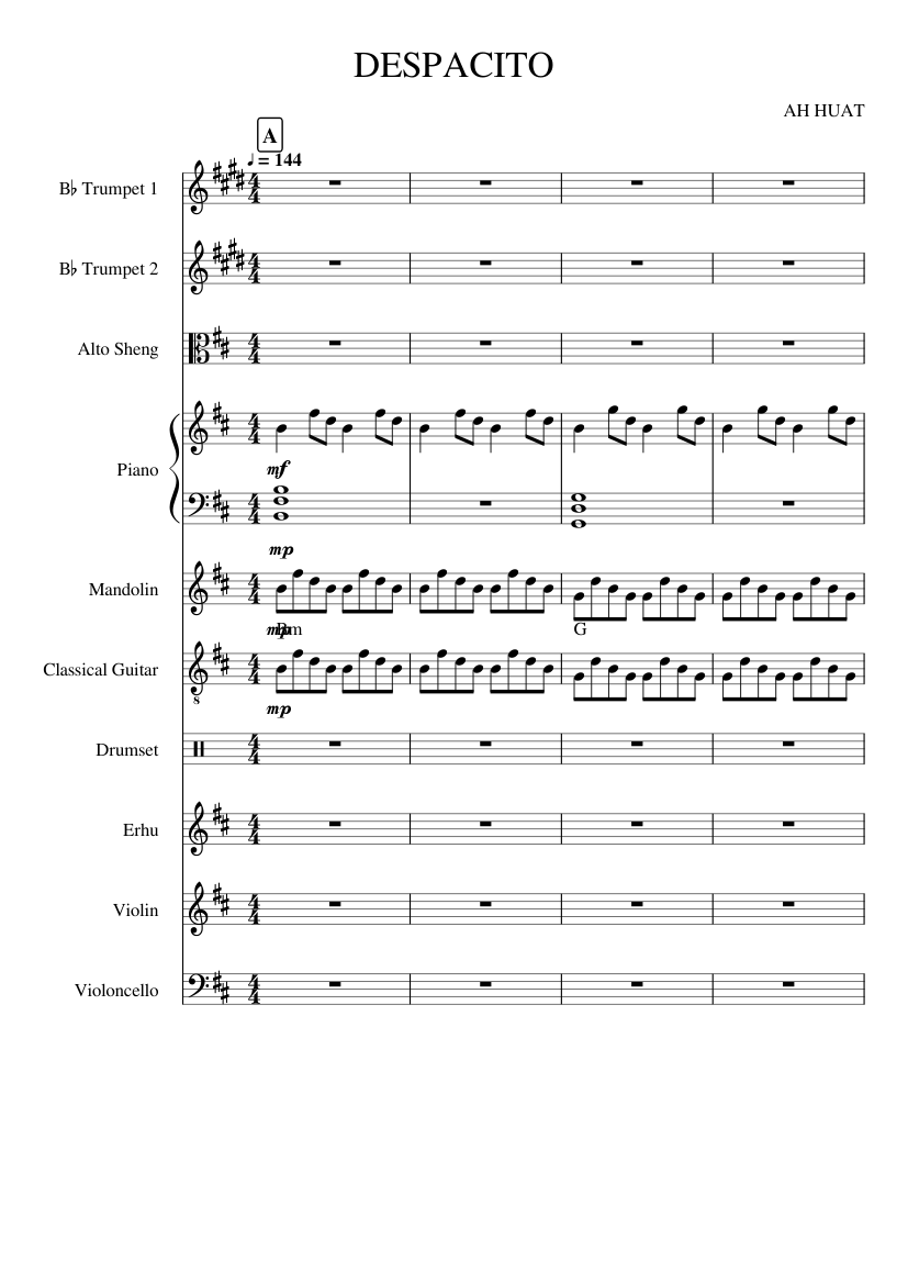 DESPACITO Sheet music for Piano, Trumpet in b-flat, Violin, Cello ...
