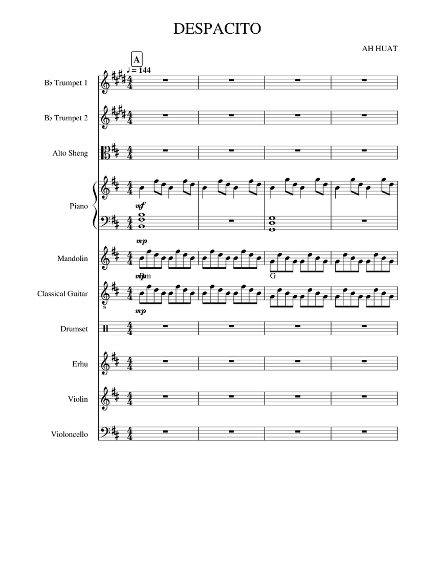DESPACITO Sheet music for Piano, Trumpet in b-flat, Violin, Cello ...
