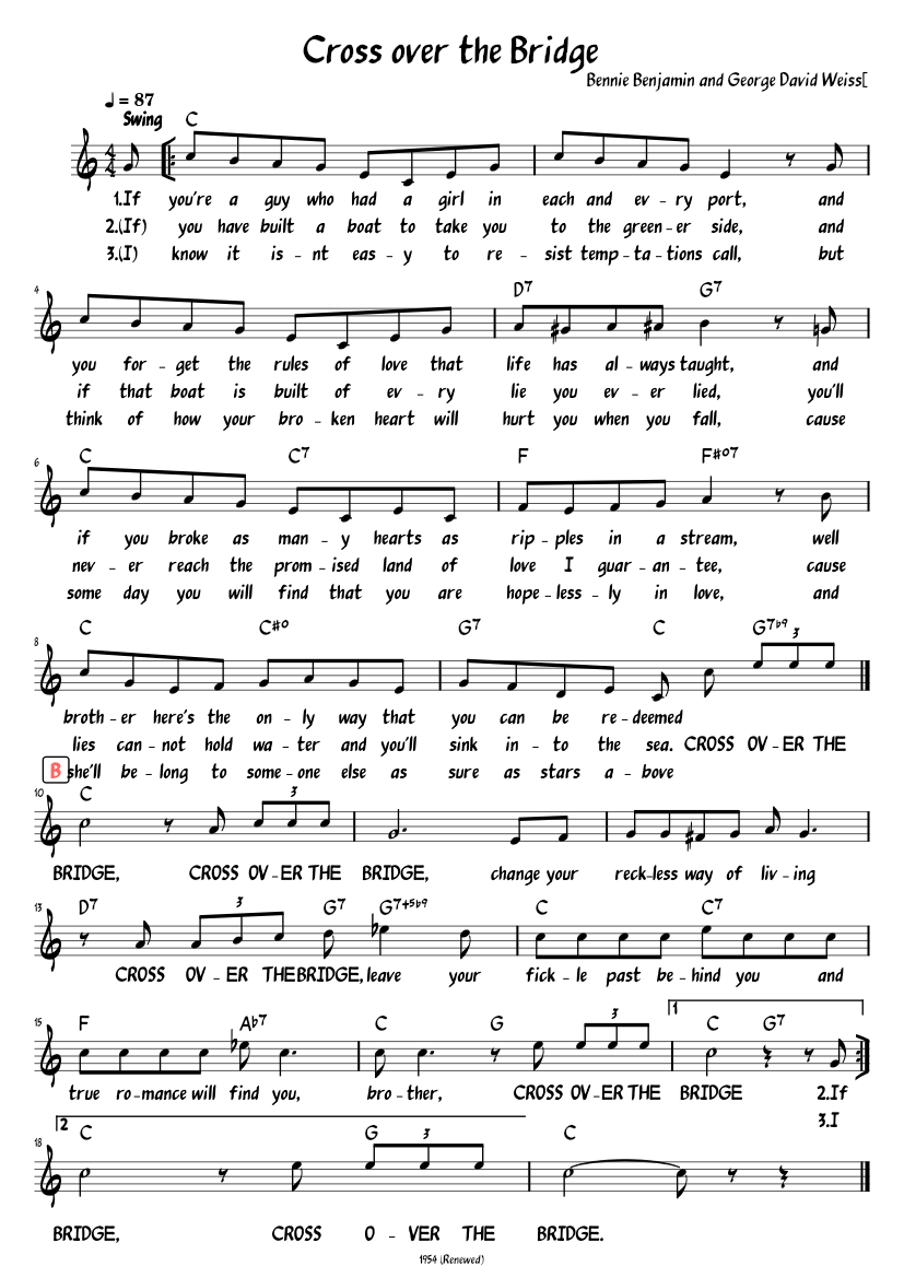 Cross over the Bridge (Lead sheet with lyrics ) Sheet Music for Piano ...
