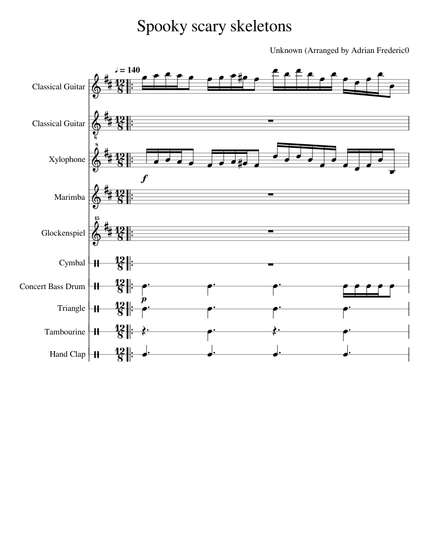Spooky_scary_skeletons Sheet music for Tambourine, Glockenspiel, Crash ...