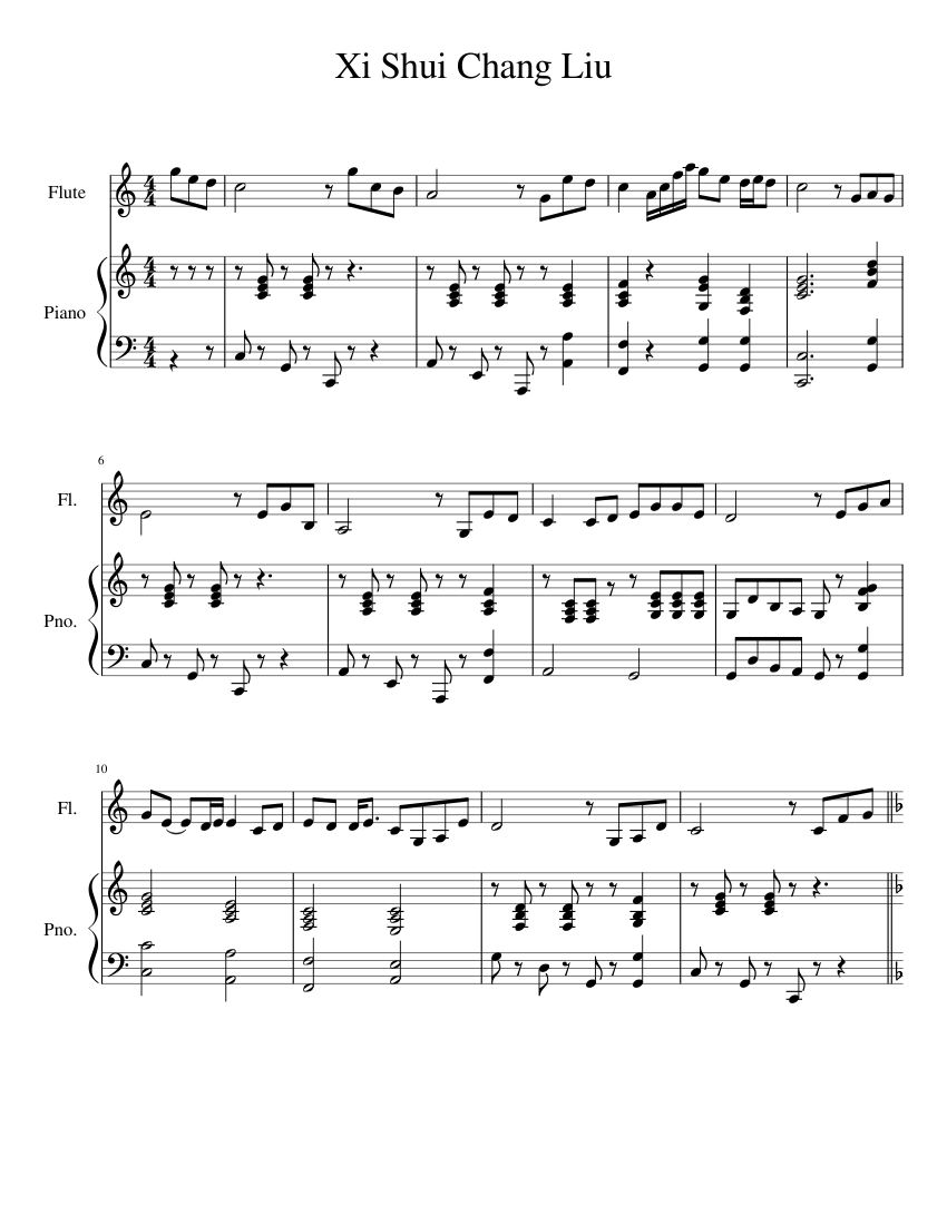 Xi Shui Chang Liu Sheet music for Piano, Flute (Woodwind Ensemble ...