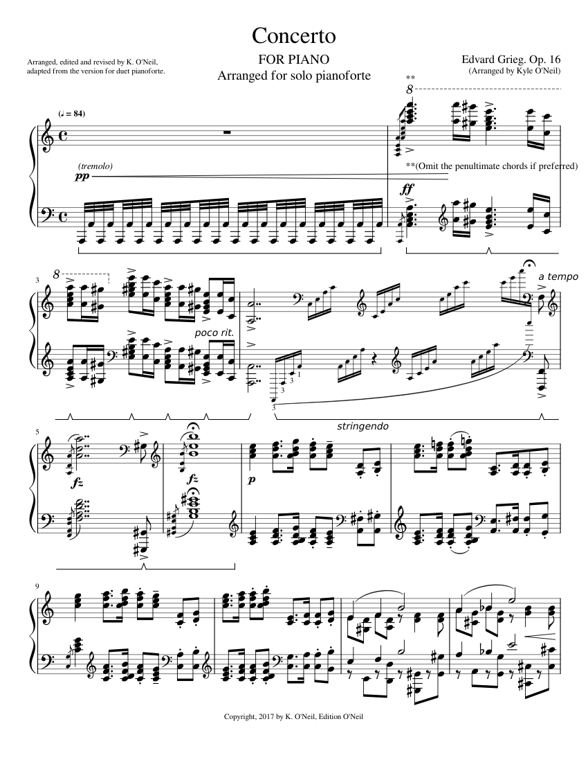 Edvard Grieg: Piano Concerto in A minor, Solo Piano Transcription Sheet Music for Piano (Solo ...