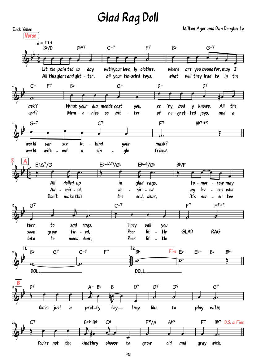 Glad Rag Doll (Lead sheet with verse and lyrics) Sheet Music with ...