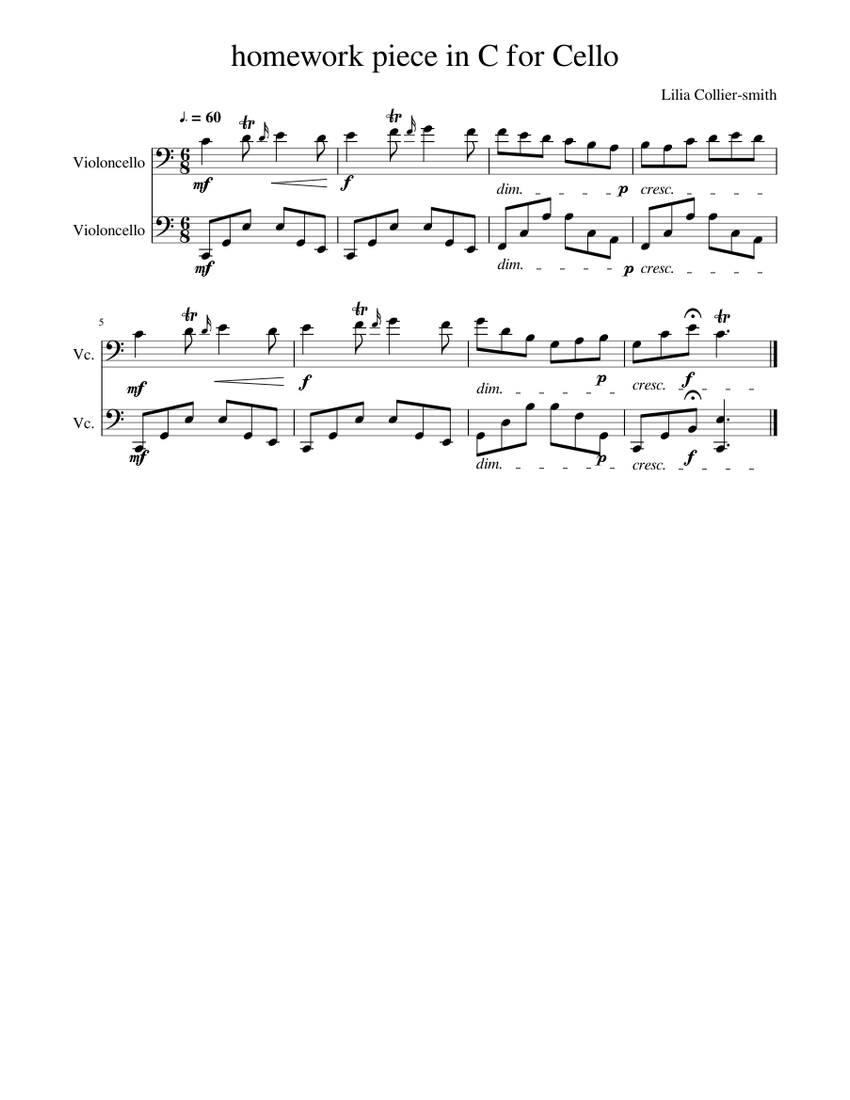 8 bar piece for cello in C Lilia Collier Smith Sheet music for Cello ...