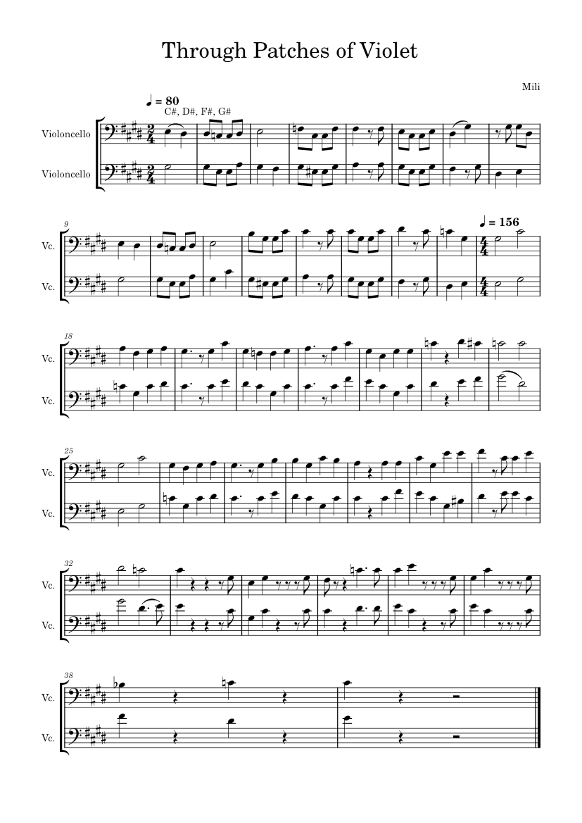 Through Patches of Violet – Mili Sheet Music for Cello (String Duet ...
