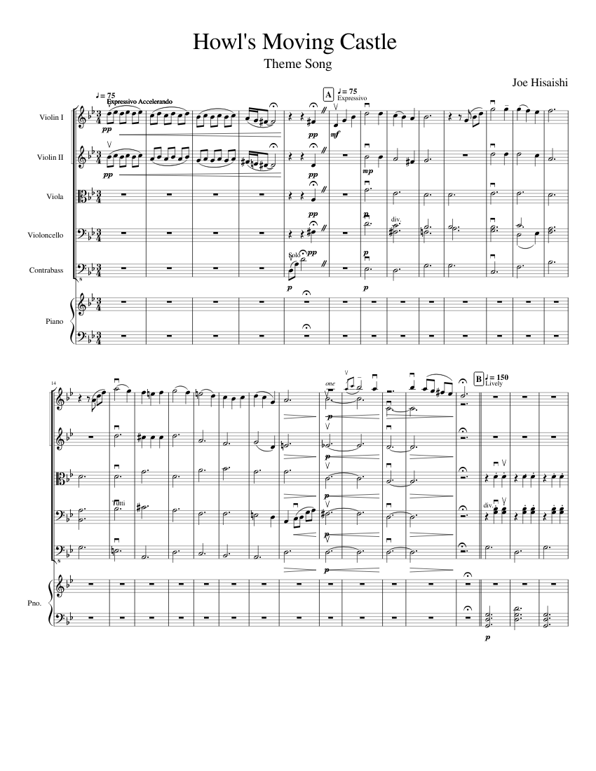 Howl's Moving Castle Sheet Music for Piano, Contrabass, Violin, Viola ...