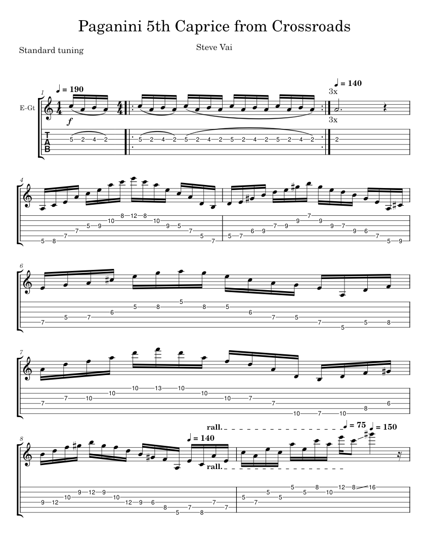 Paganini 5th Caprice from Crossroads - Steve Vai Sheet Music and Tab ...