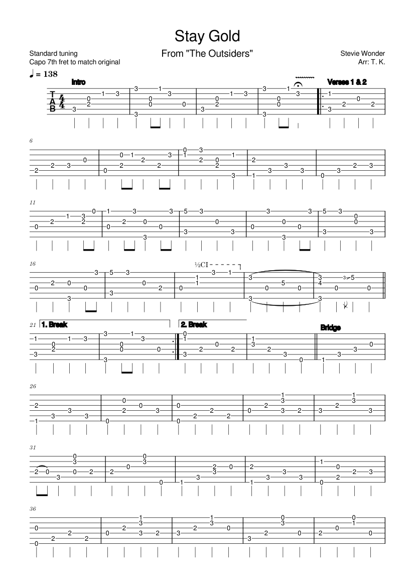 Stay Gold (from "The Outsiders") - Stevie Wonder Sheet Music and Tab ...