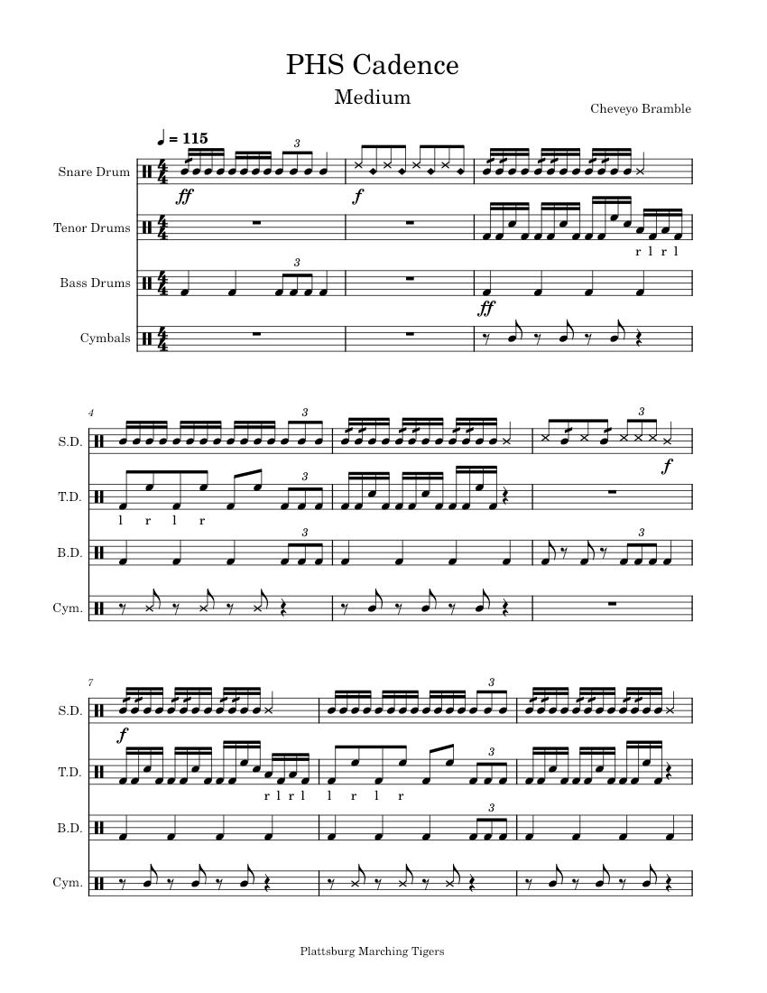 PHS Cadence Sheet music for Snare drum, Crash, Tenor drum, Bass drum (Percussion Quartet ...