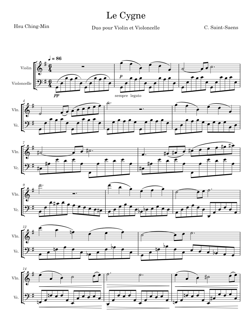 The Swan (Le Cygne) for 2 cellos (cello duet and piano) - C Saint-Saëns Sheet Music for Violin ...
