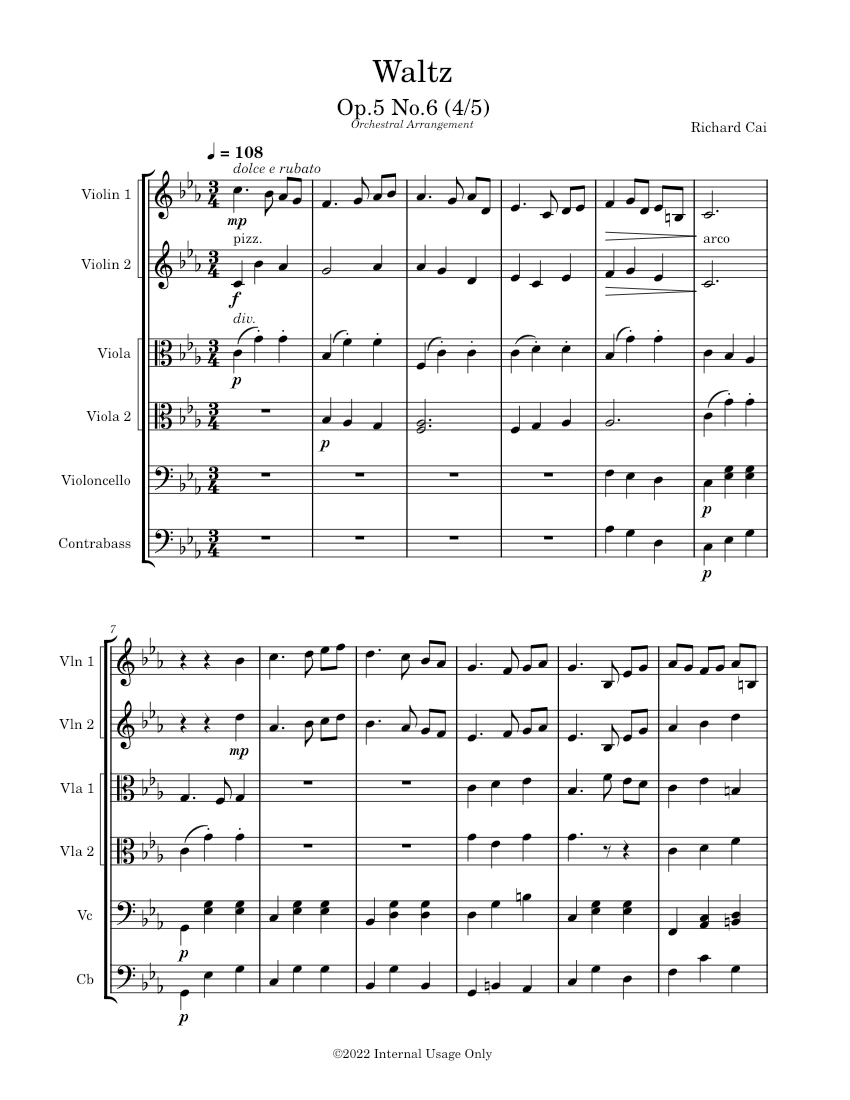 Op.5 No.6 Waltz Orchestra Sheet music for Contrabass, Violin, Viola ...