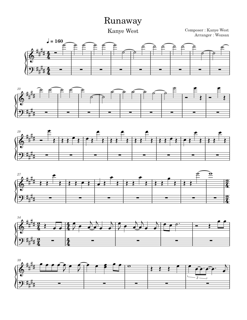 Runaway – Kanye West Right Hand Sheet Music for Piano (Piano Four Hand) Easy | MuseScore.com