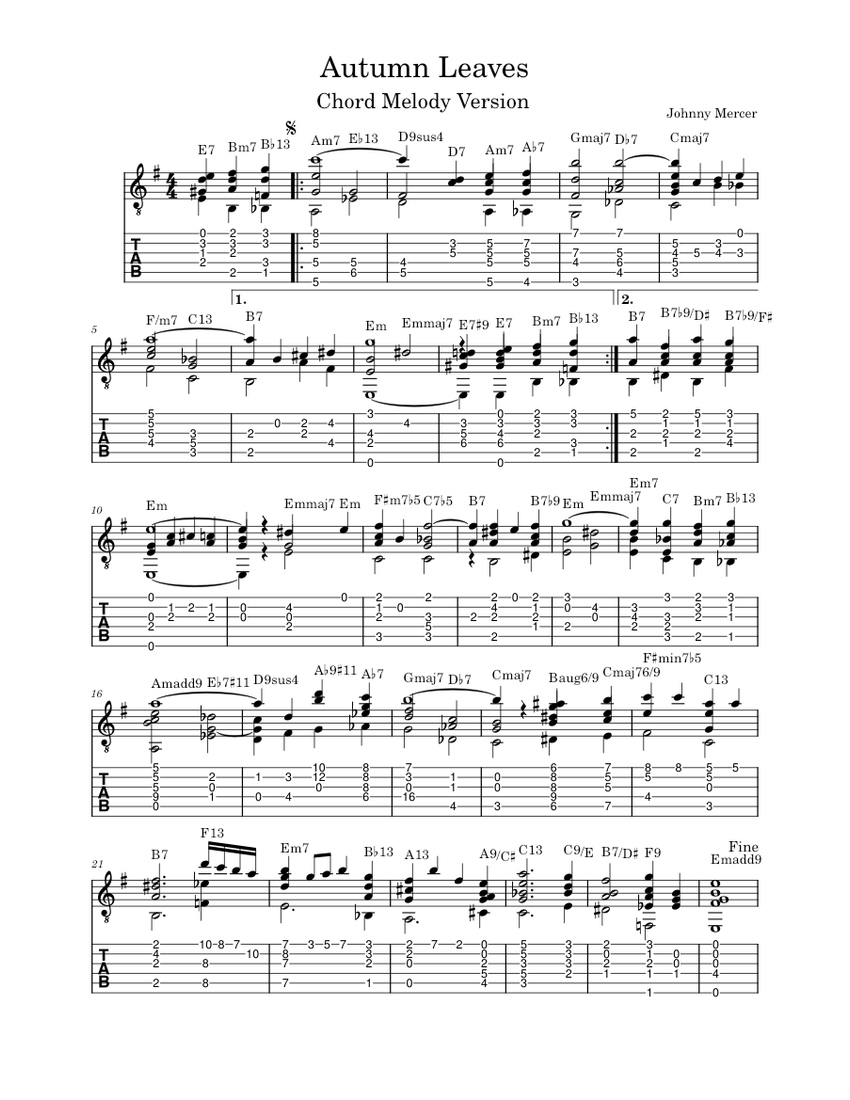 Autumn Leaves - Solo Guitar Chord Melody version Sheet music for Guitar ...