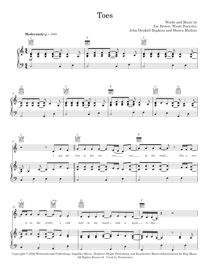 Play Official version of Toes sheet music by Zac Brown Band for Piano ...