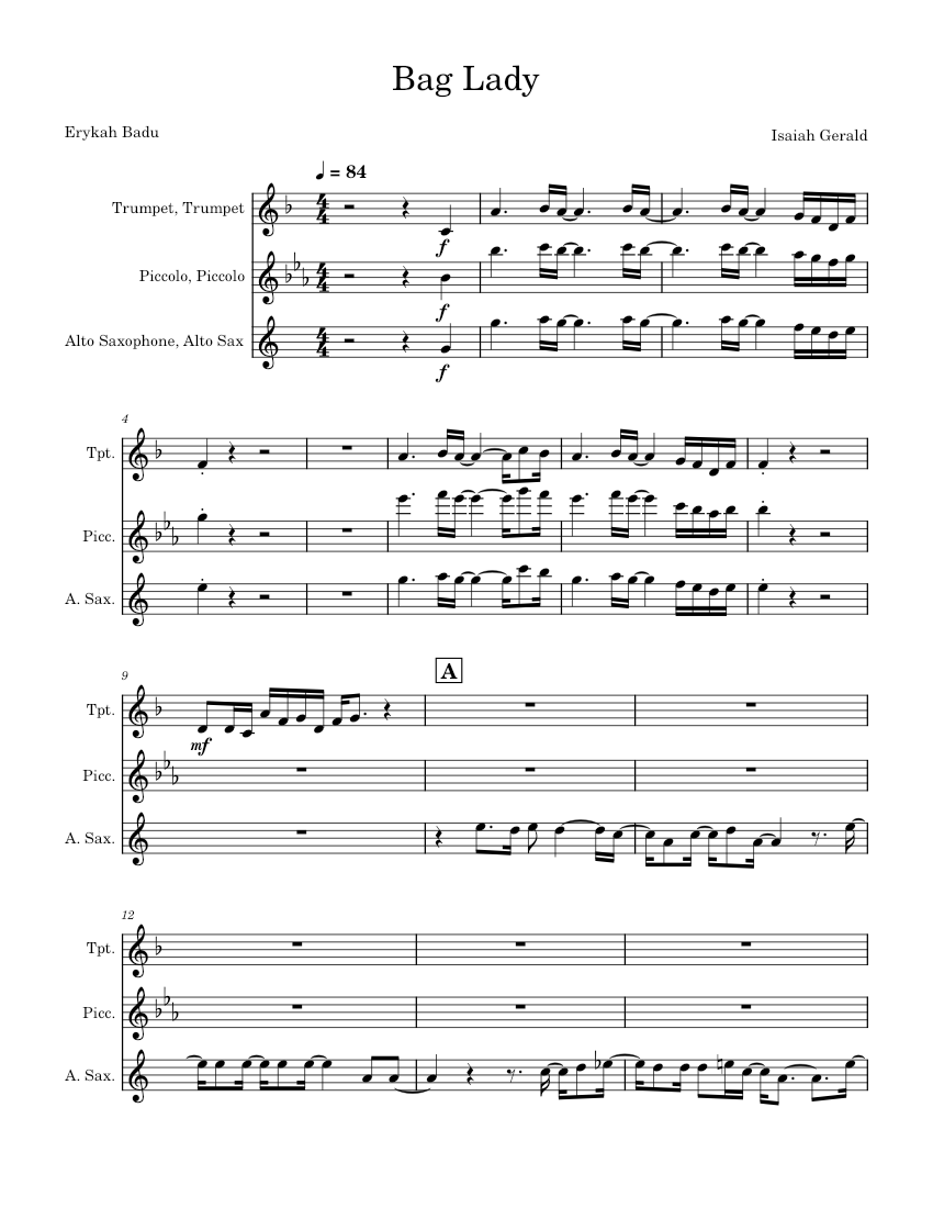 Bag lady – Erykah Badu Bag Lady - SIA Edit Sheet Music for Flute ...