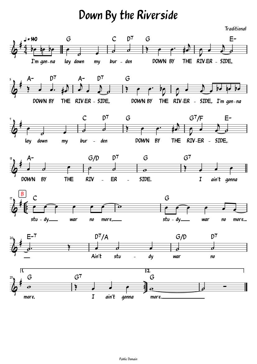 Down By the Riverside (Lead sheet with lyrics ) Sheet music for Piano ...
