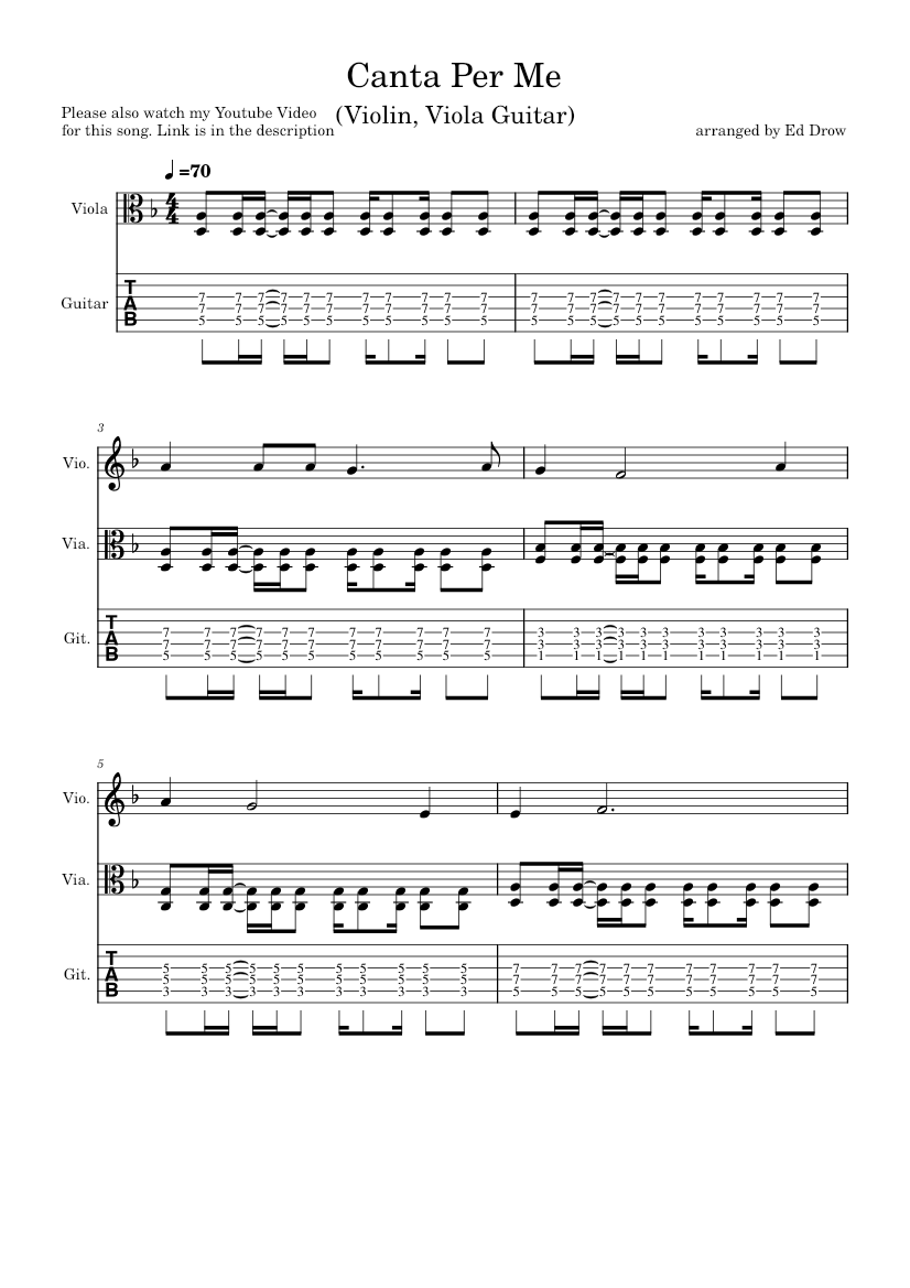 Noir OST: Canta Per Me Sheet Music for Violin, Viola, Guitar (Mixed ...