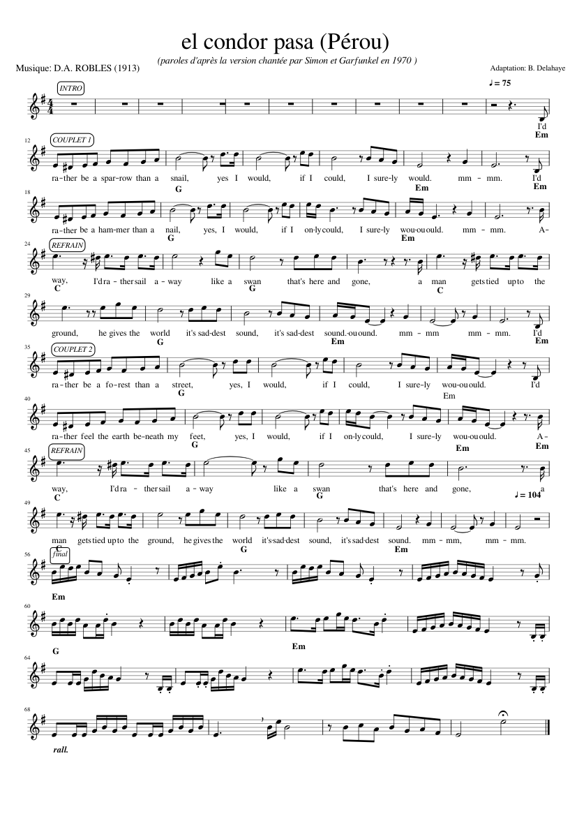 el condor pasa Sheet Music with Chords for Piano, Flute piccolo, Flute ...