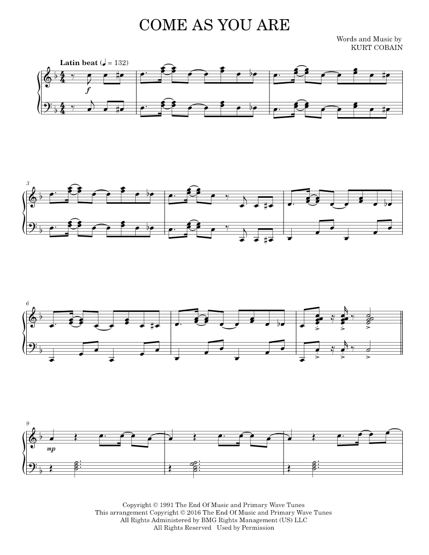 Play Official version of Come as you are Sheet Music by Nirvana for ...