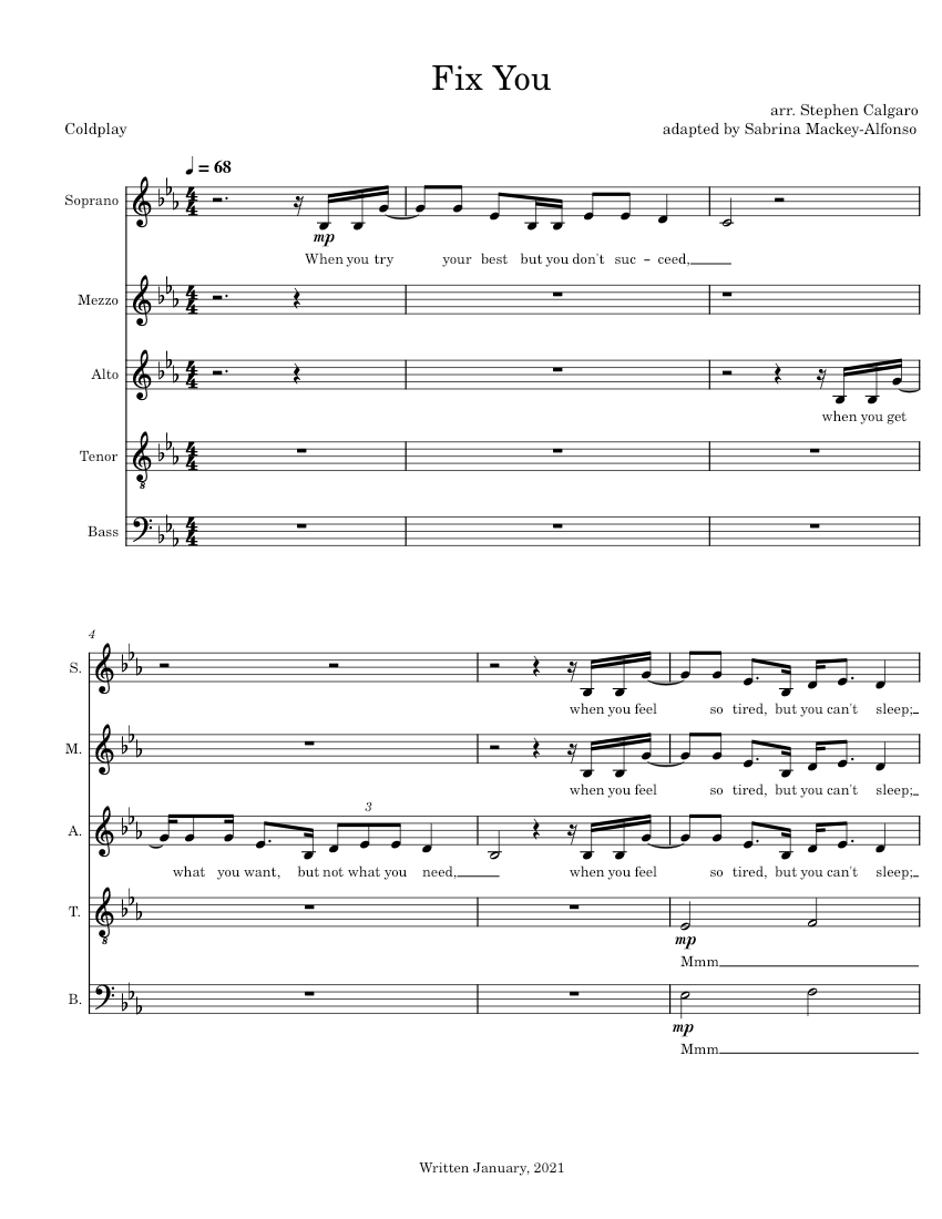 Fix You – Coldplay Fix You Sheet music for Soprano, Alto, Tenor, Bass ...