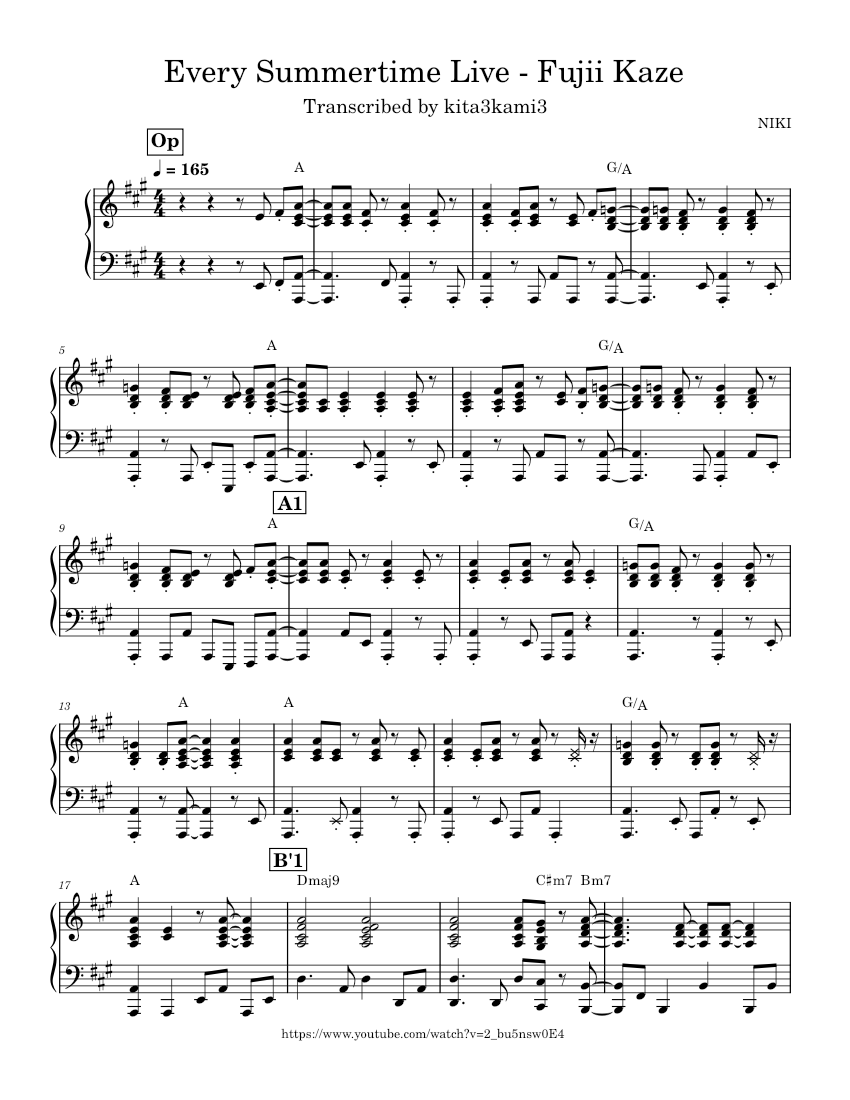 Every Summertime – NIKI (Fujii Kaze Live) Sheet music for Piano (Solo ...