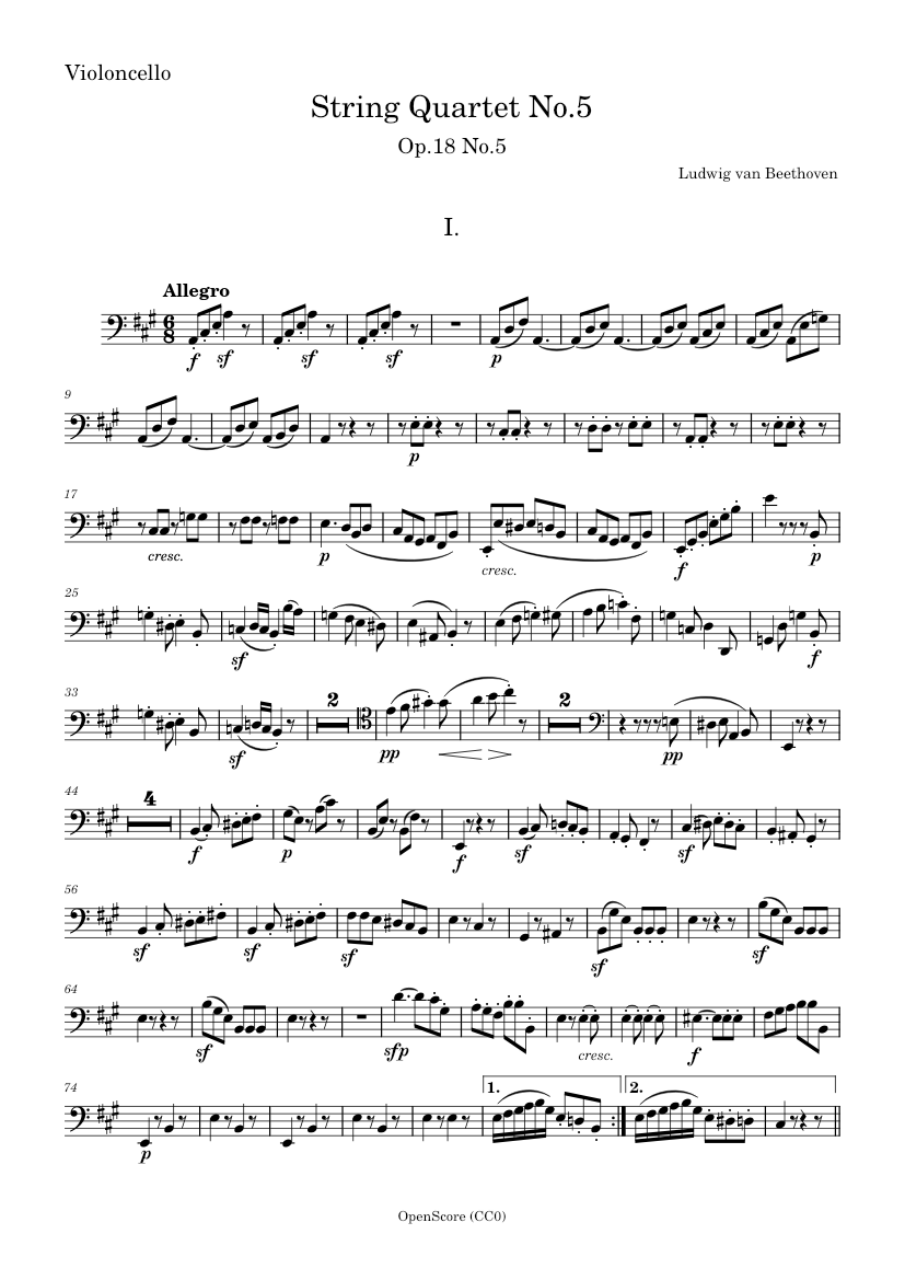 String Quartet No.5. Op.18 No.5 – Ludwig van Beethoven - Cello PART Sheet music for Cello ...