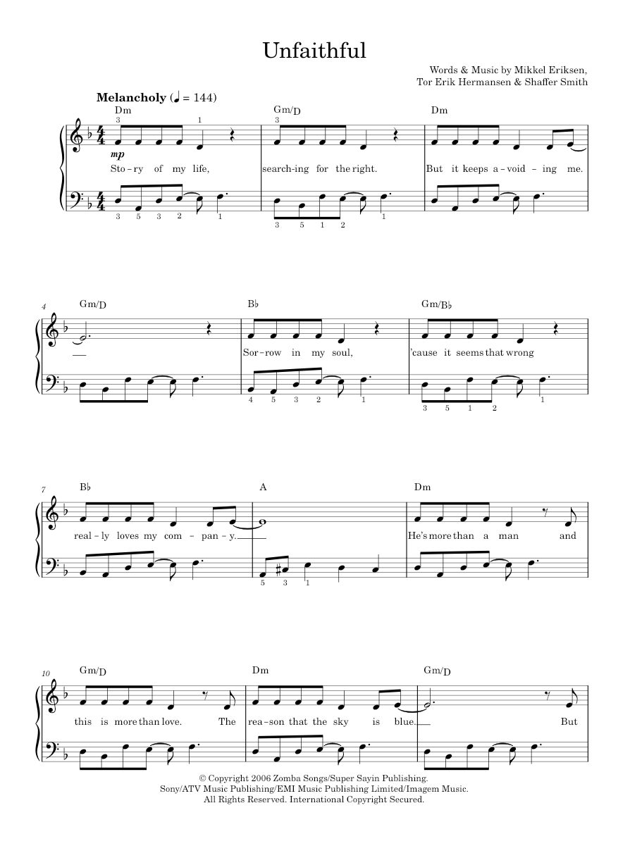 Play Official version of Unfaithful Sheet Music by Rihanna for Piano ...