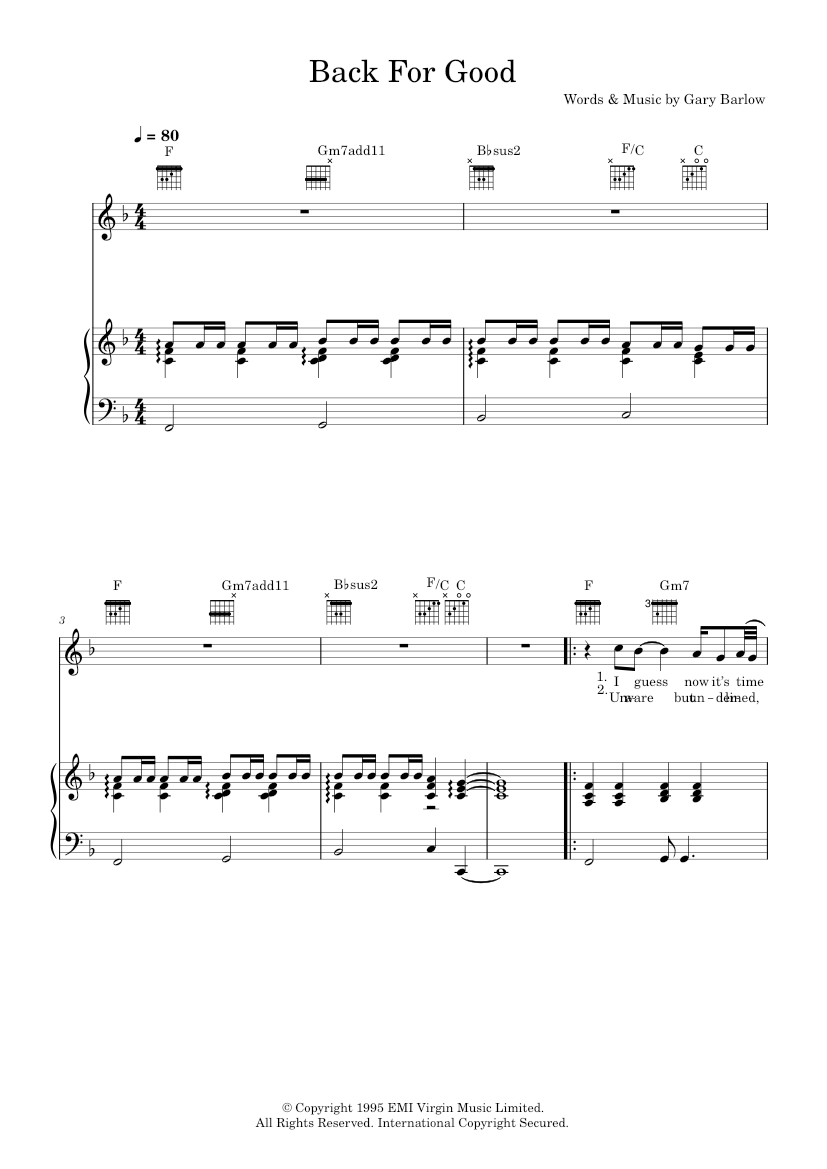 Play Official version of Back for good sheet music by Take That for ...