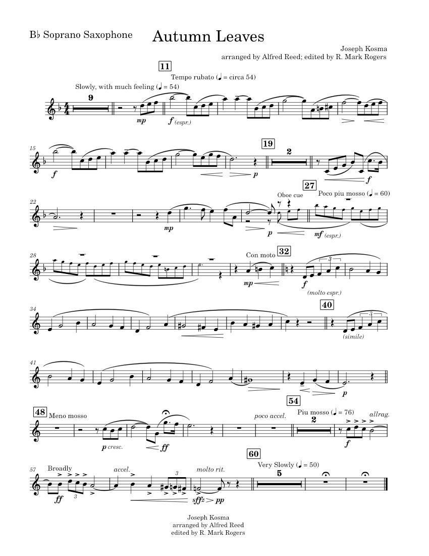 Autumn Leaves – Alfred Reed (custom Soprano Sax part) Sheet music for ...