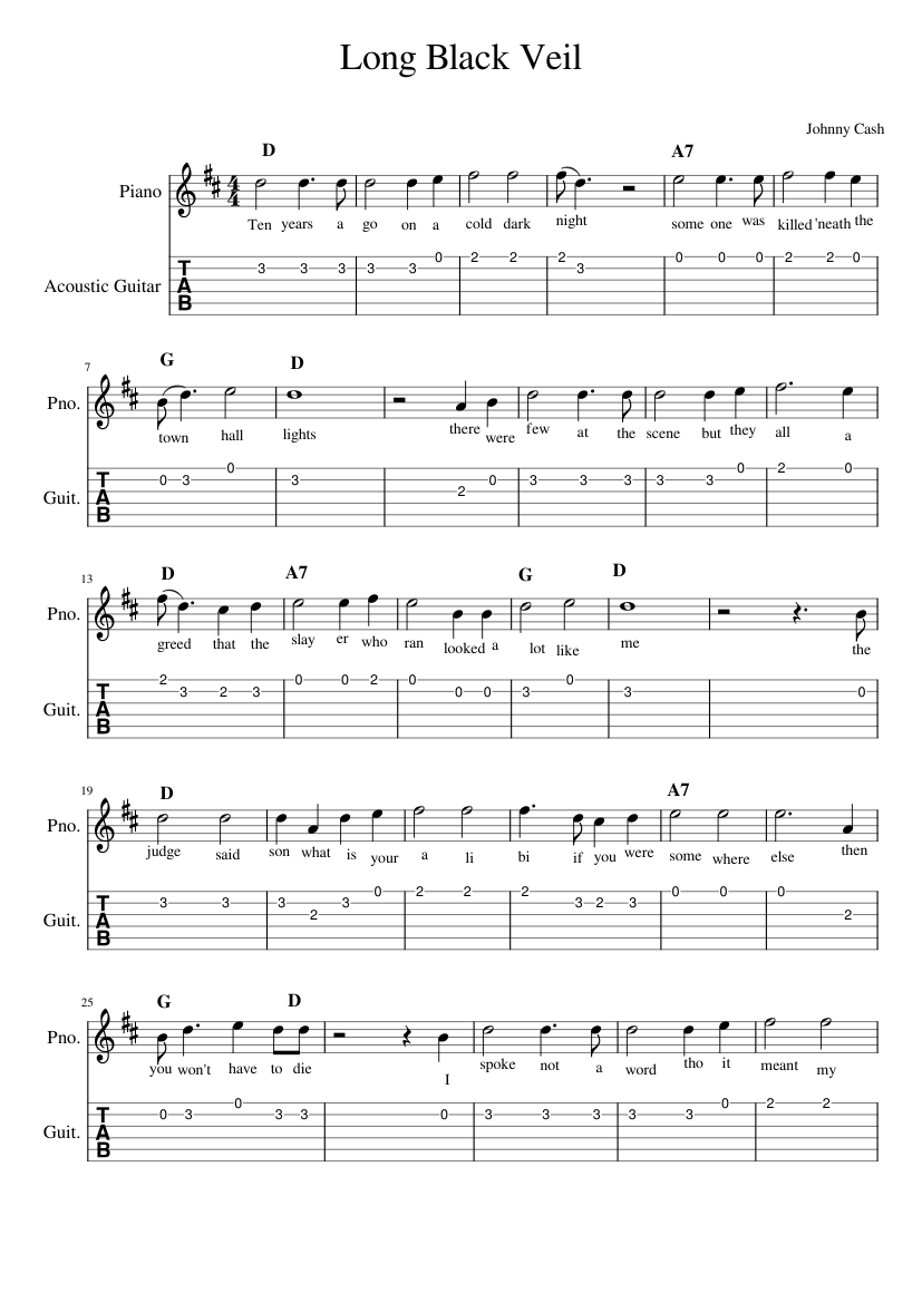 Long Black Veil Sheet music for Piano, Guitar (Mixed Duet) | Musescore.com
