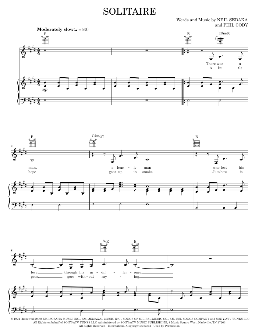 Play Official version of Solitaire sheet music by Neil Sedaka ...