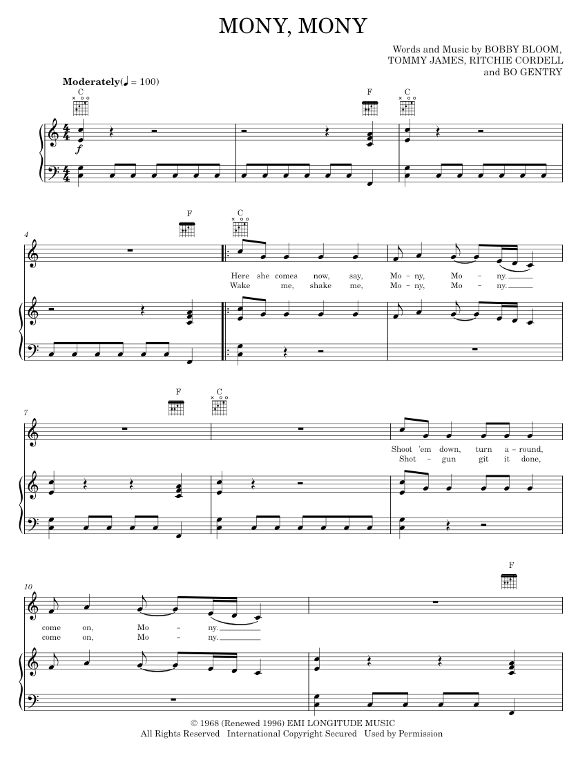 Play Official version of Mony mony Sheet Music by Billy Idol for Piano ...