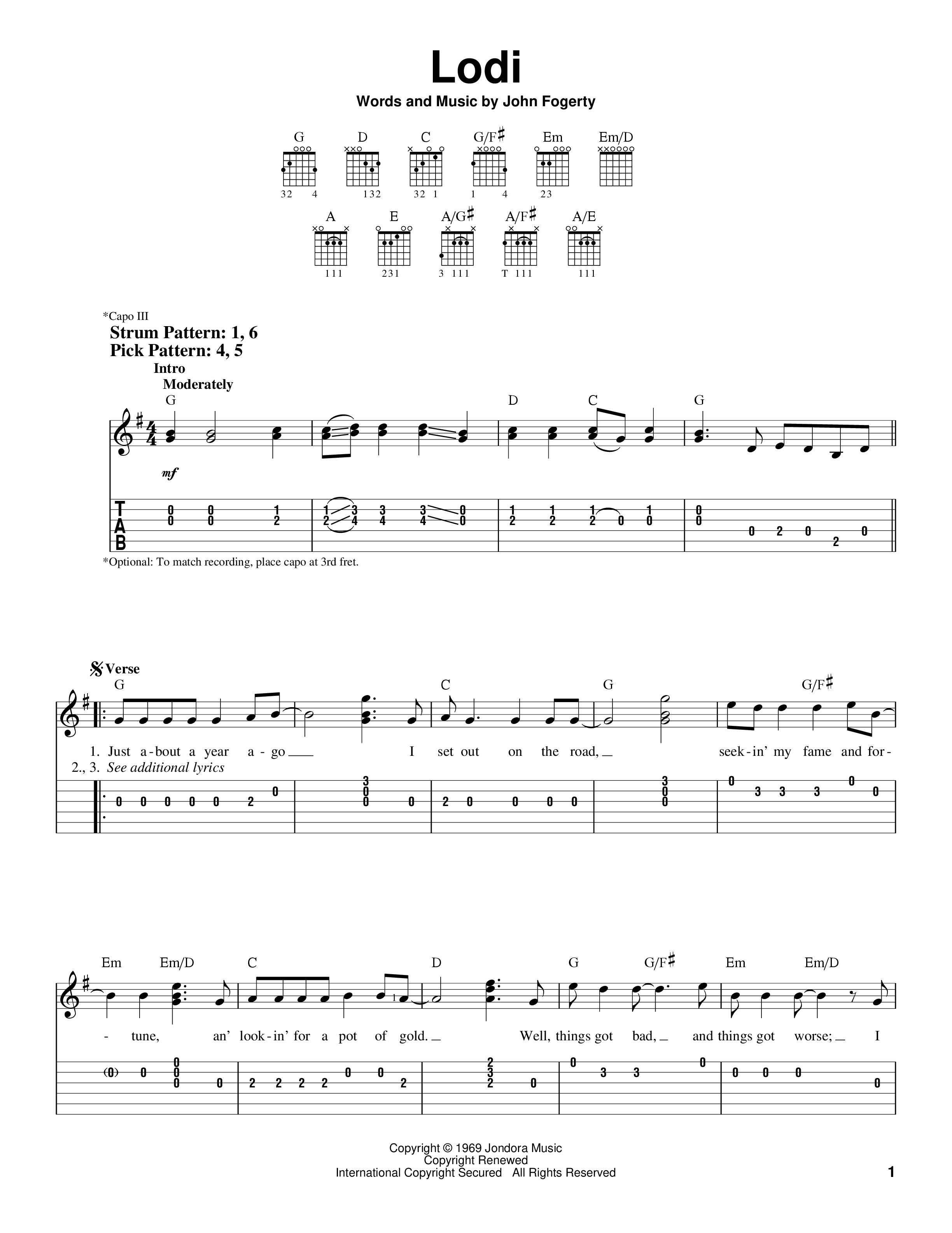Play Official version of Lodi Sheet Music by Creedence Clearwater ...