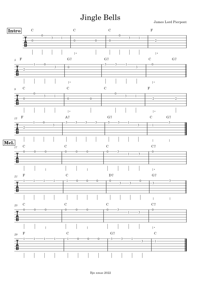 JINGLE BELLS - easy tab Sheet Music with Chords for Guitar (Solo ...