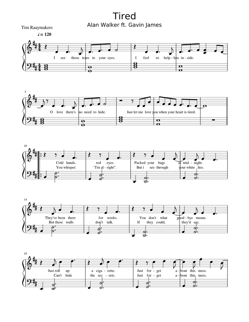 Tired - Alan Walker ft. Gavin James Sheet music for Piano (Solo ...