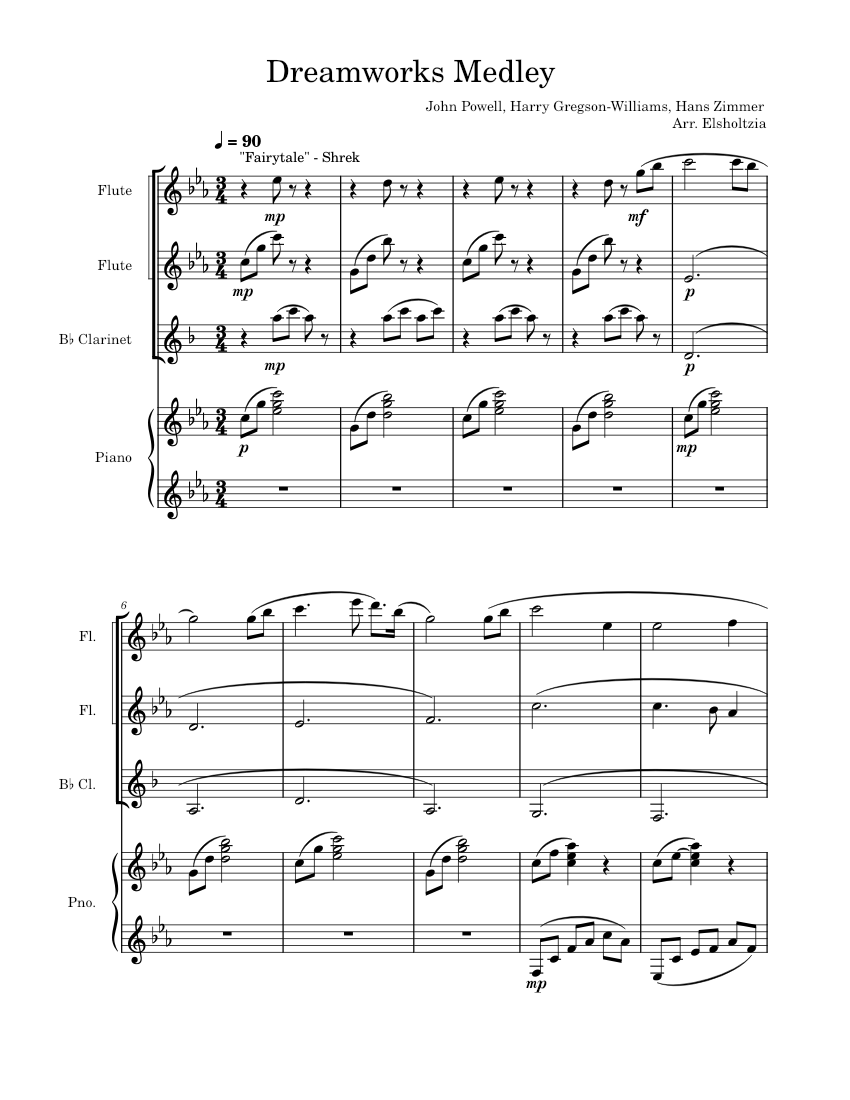Dreamworks Medley Sheet music for Piano, Flute, Clarinet in b-flat ...