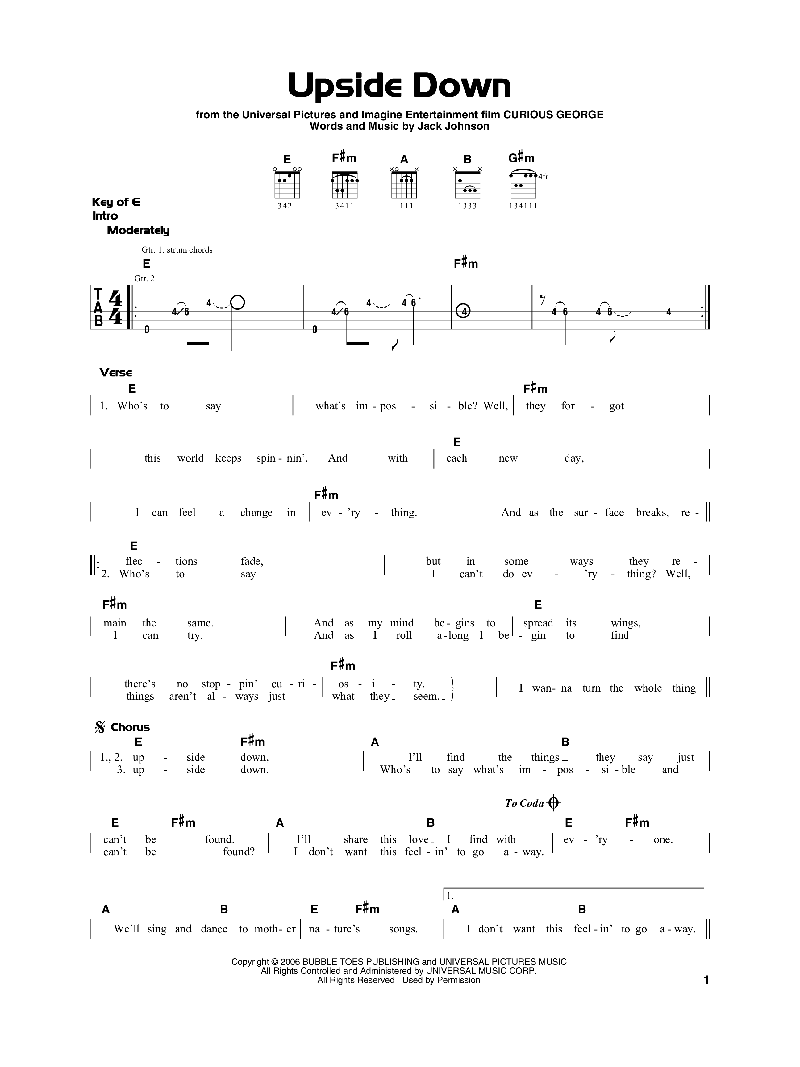 Play Official version of Upside down Sheet Music by Jack Johnson for ...