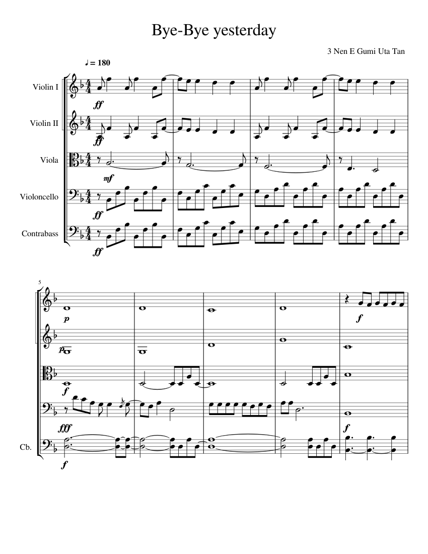 Bye bye yesterday Sheet music for Contrabass, Violin, Viola, Cello ...
