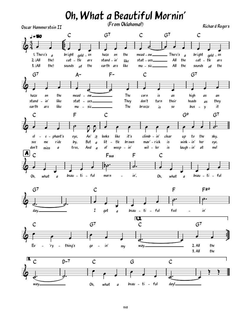 Oh, What a Beautiful Mornin' (lead sheet with lyrics) Sheet music for ...