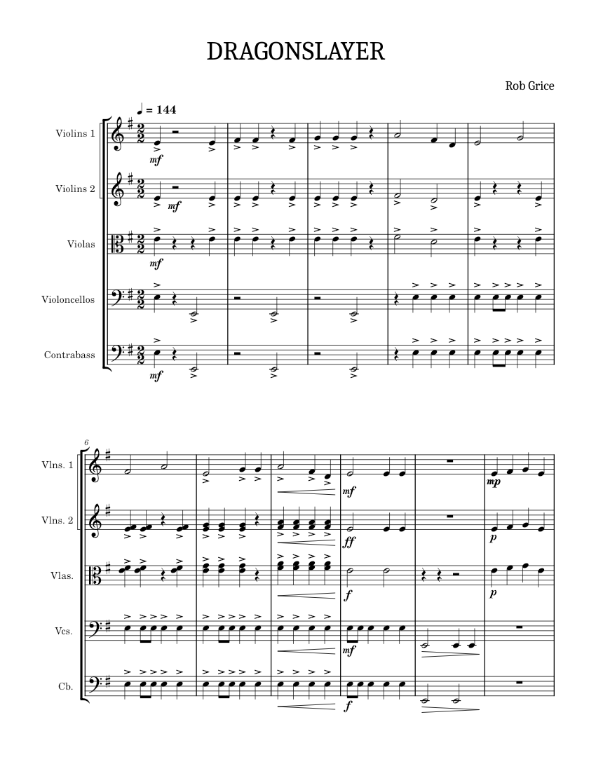 Dragonslayer – Rob Grice Sheet Music for Strings group, Woodwinds (other) (Mixed Quintet ...