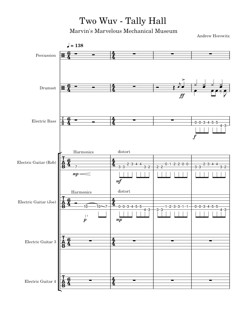 Two Wuv - Tally Hall Sheet Music and Tab for Guitar, Bass guitar, Drum ...