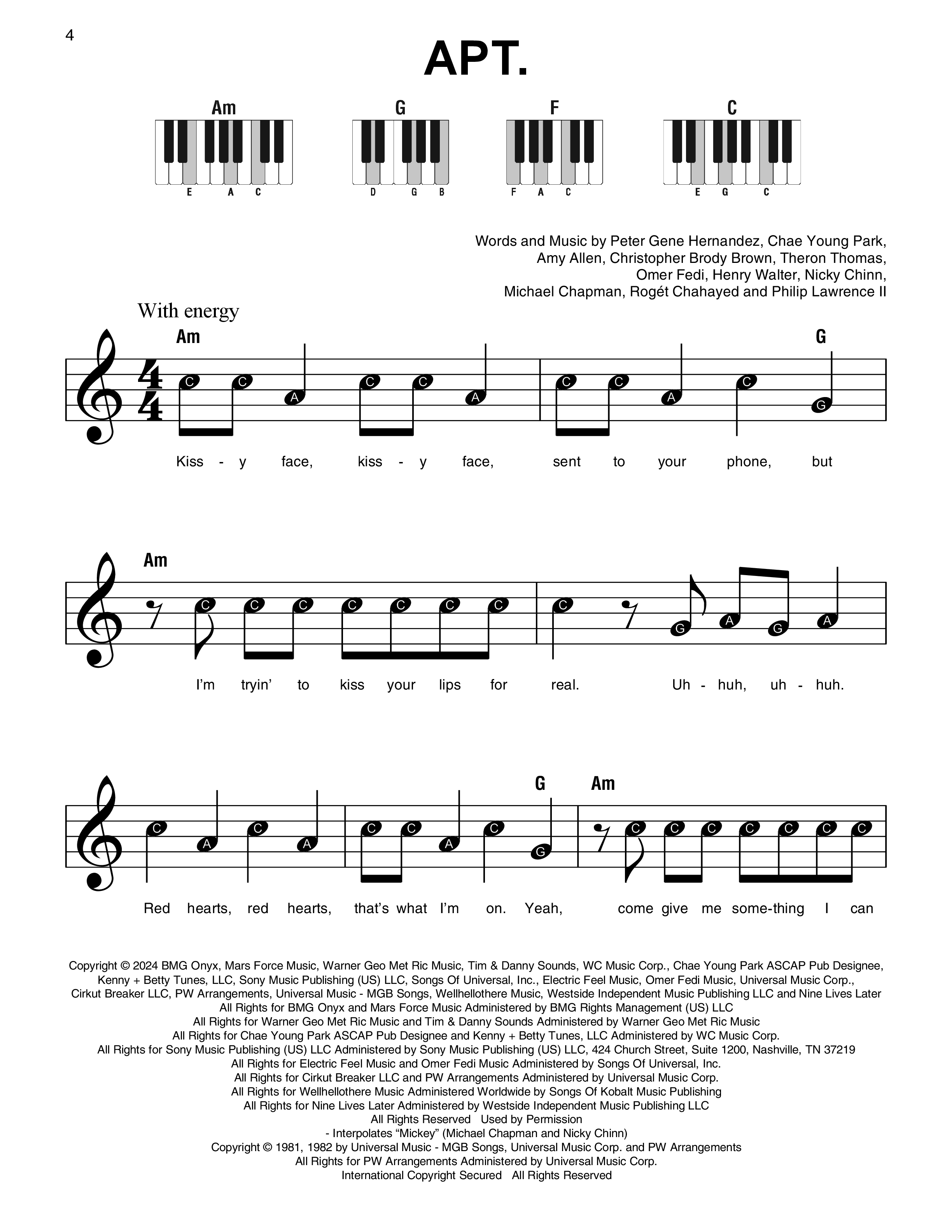 Play Official version of APT. Sheet Music by ROSÉ, Bruno Mars for Piano | MuseScore.com