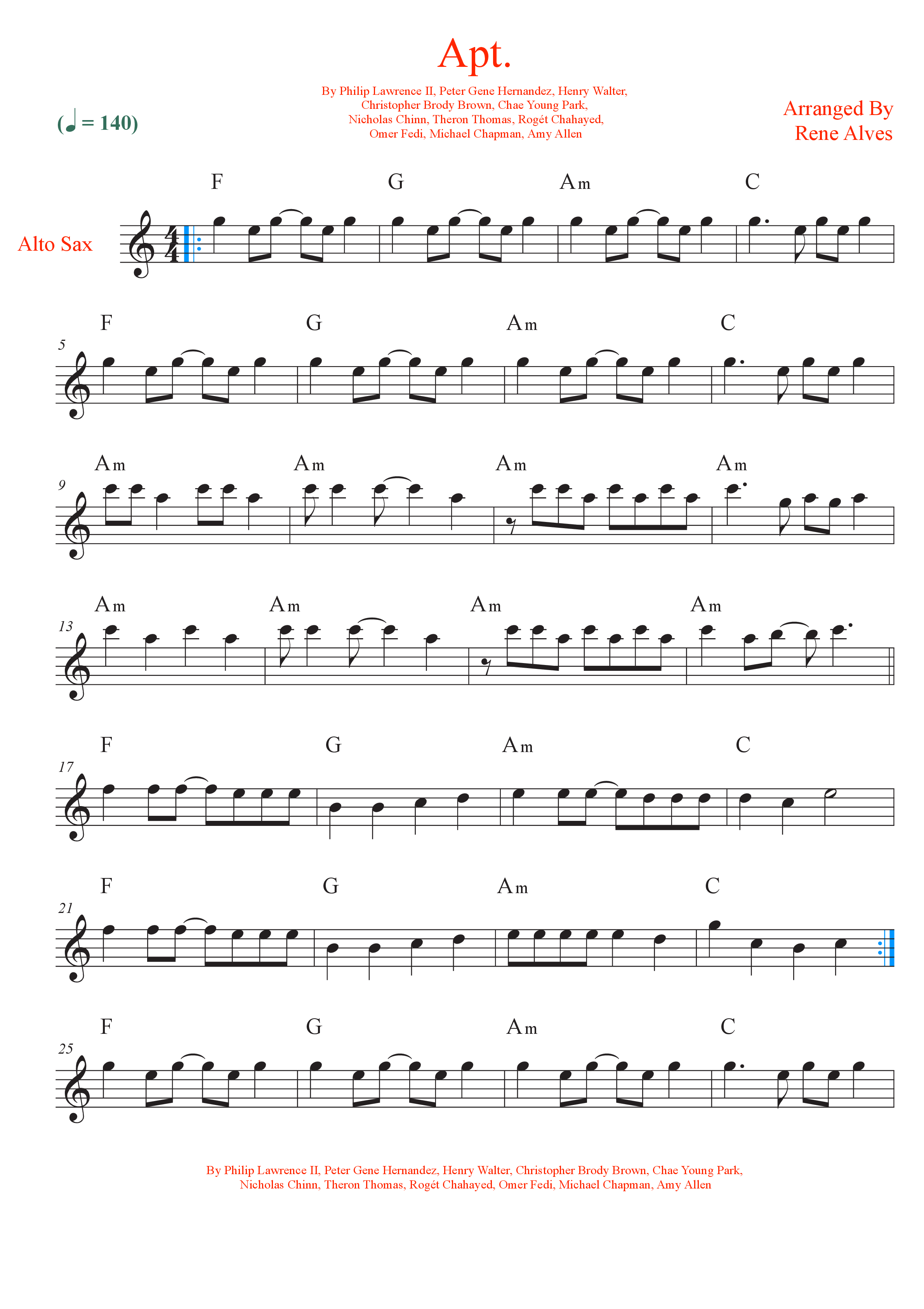 Play Official version of APT. Sheet Music by ROSÉ, Bruno Mars for Saxophone alto | MuseScore.com