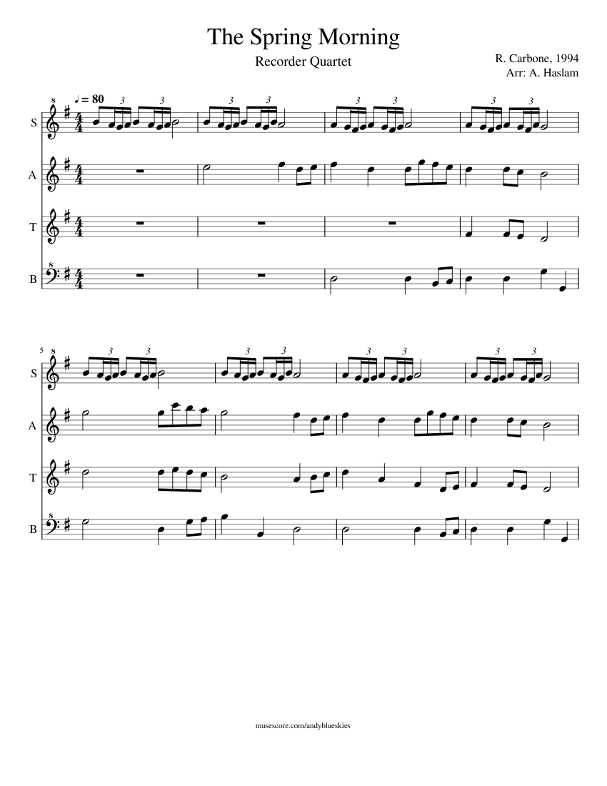 The Spring Morning - Recorder Quartet - piano tutorial