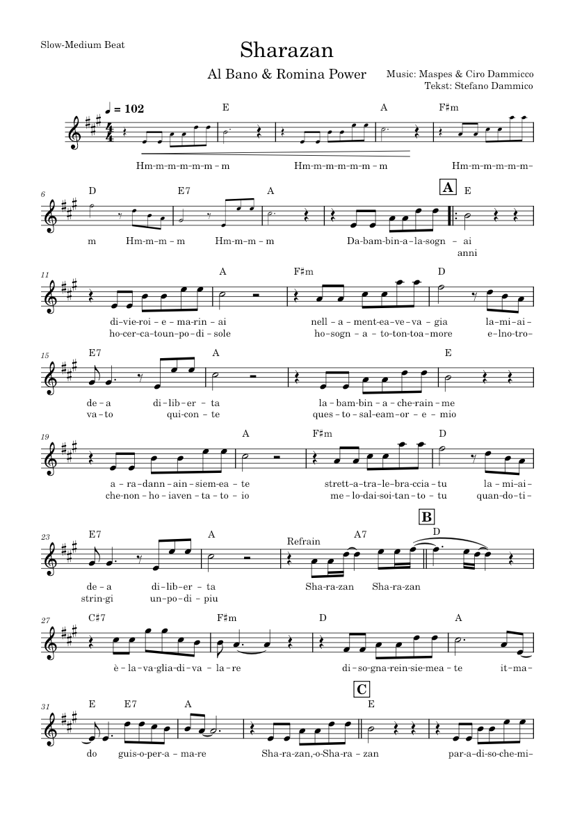 Sharazan – Al Bano & Romina Power Sheet Music with Chords for Oboe ...