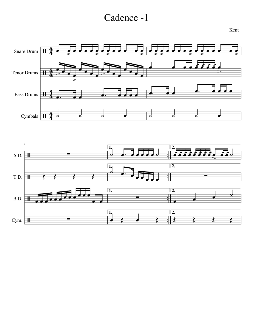 Cadence -1 Sheet music for Snare drum, Crash, Tenor drum, Bass drum ...