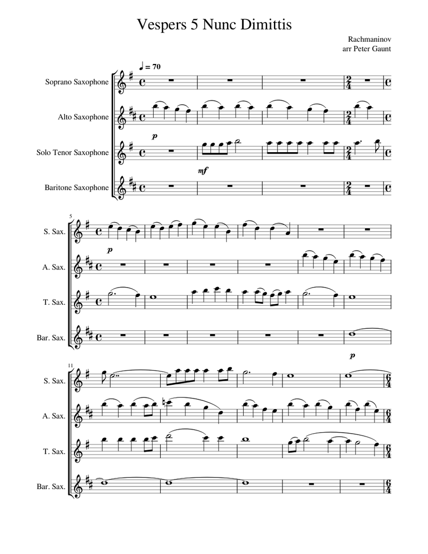 Rachmaninov. Vespers Mvmt 5 Nunc Dimittis Sheet music for Saxophone ...