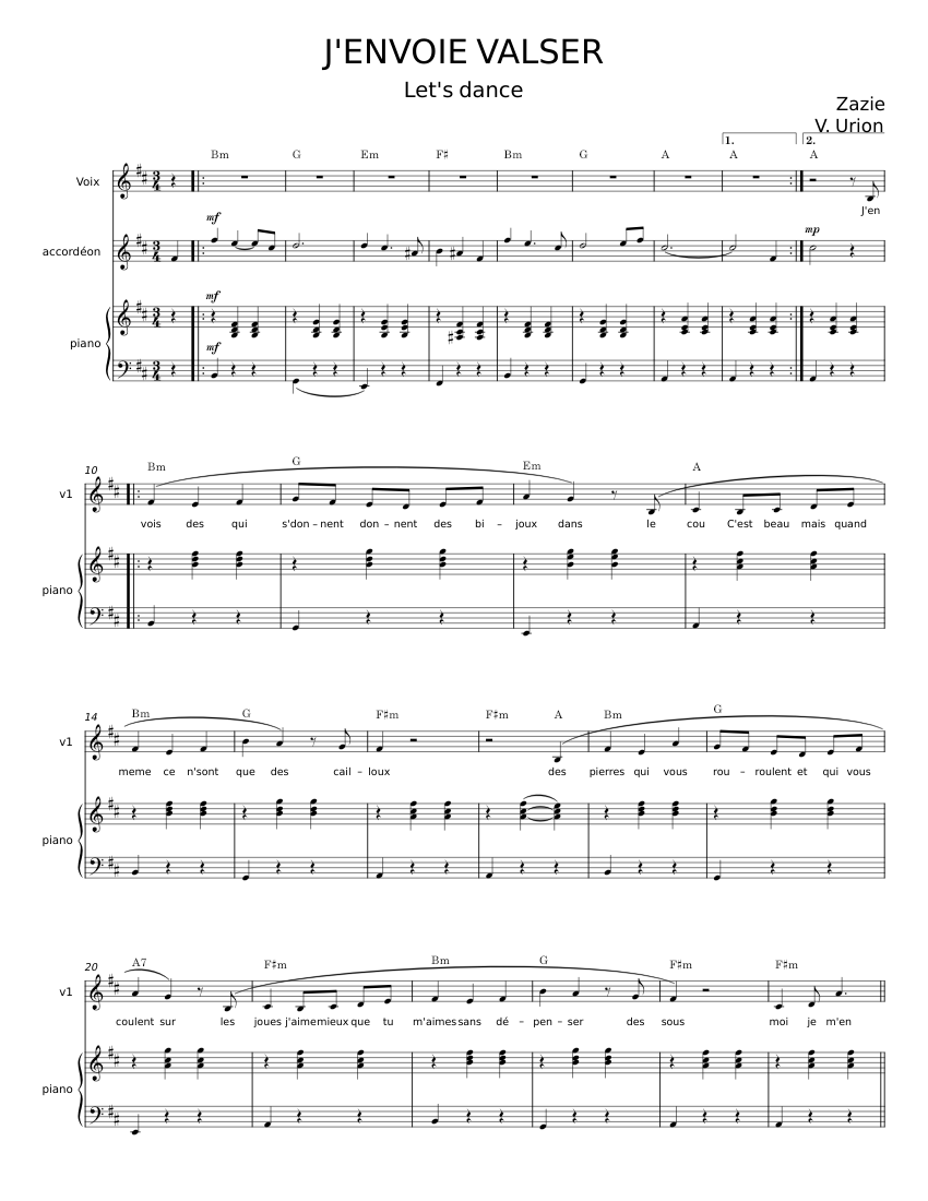 J'envoie valser - Zazie Sheet music for Piano, Accordion, Synthesizer (Mixed Quartet ...